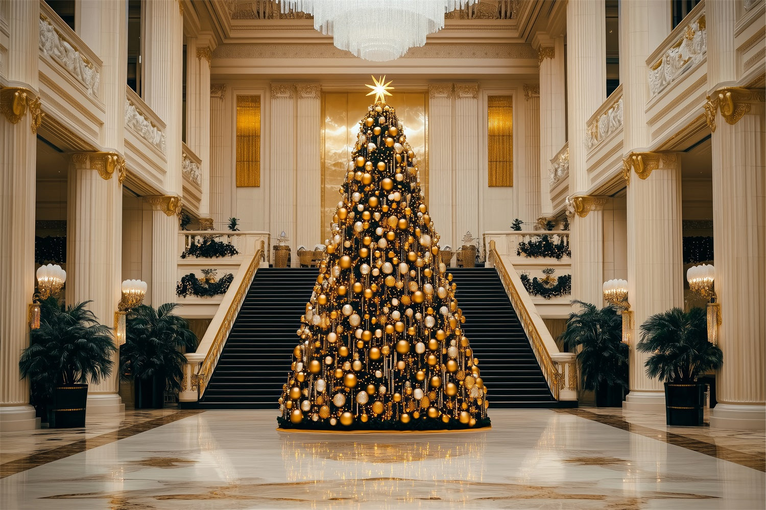 Fröhliche Weihnachten Backdrops Goldener Baum Grand Hall Backdrop BRP1